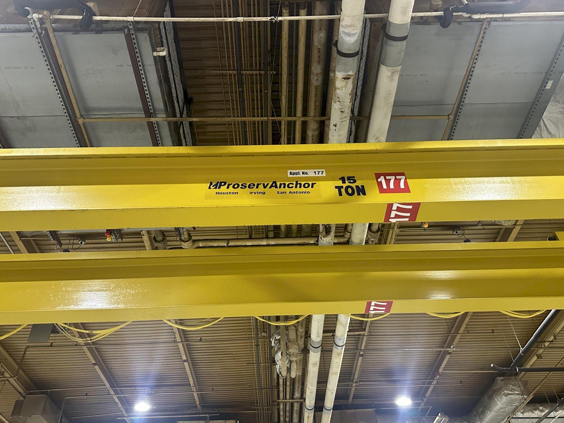15 TON X 50′ PROSERV DOUBLE GIRDER OVERHEAD BRIDGE CRANE W/ SHAW-BOX ...