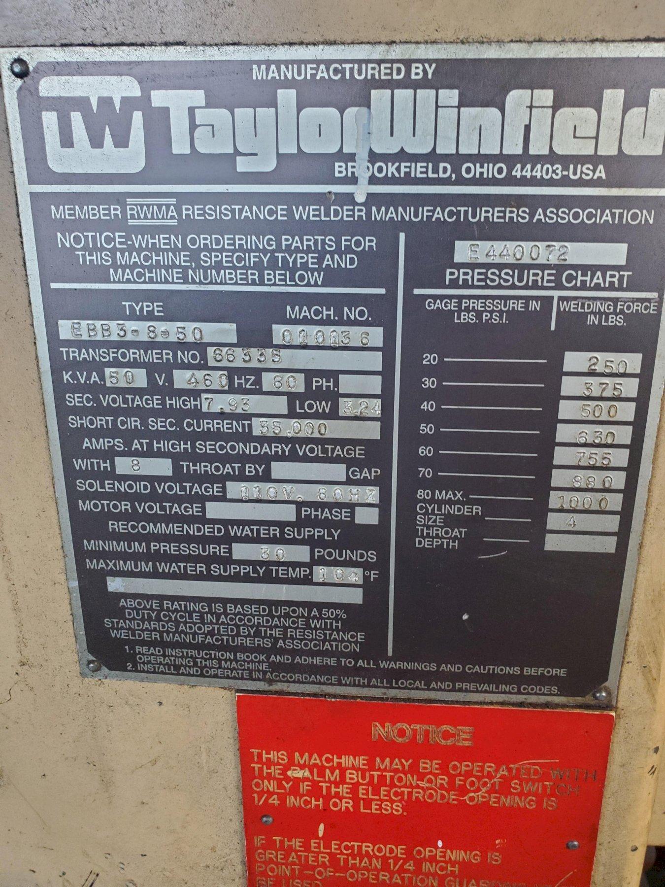 TAYLOR WINFIELD RESISTANCE WELDER TYPE EBB3-8. STOCK #0209423. | G-2000 ...
