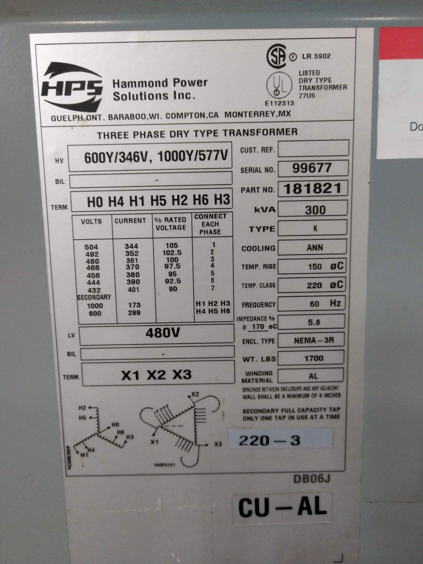 300 KVA / 480V-575V HAMMOND POWER SOLUTIONS #181821 3-PHASE TRANSFORMER ...