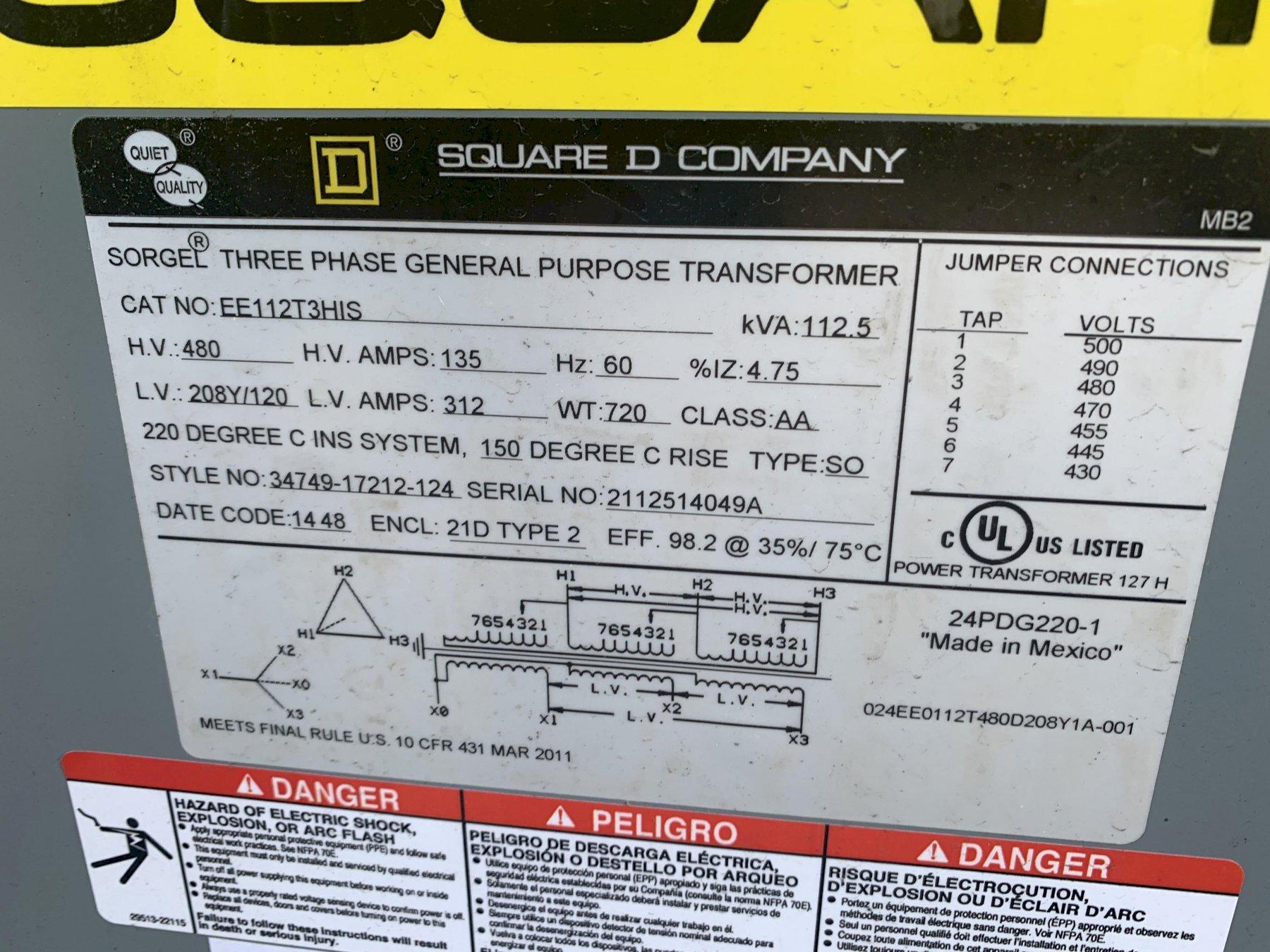 112.5 KVA SQUARE D TRANSFORMER, 480V TO 208Y/120V: STOCK 11030