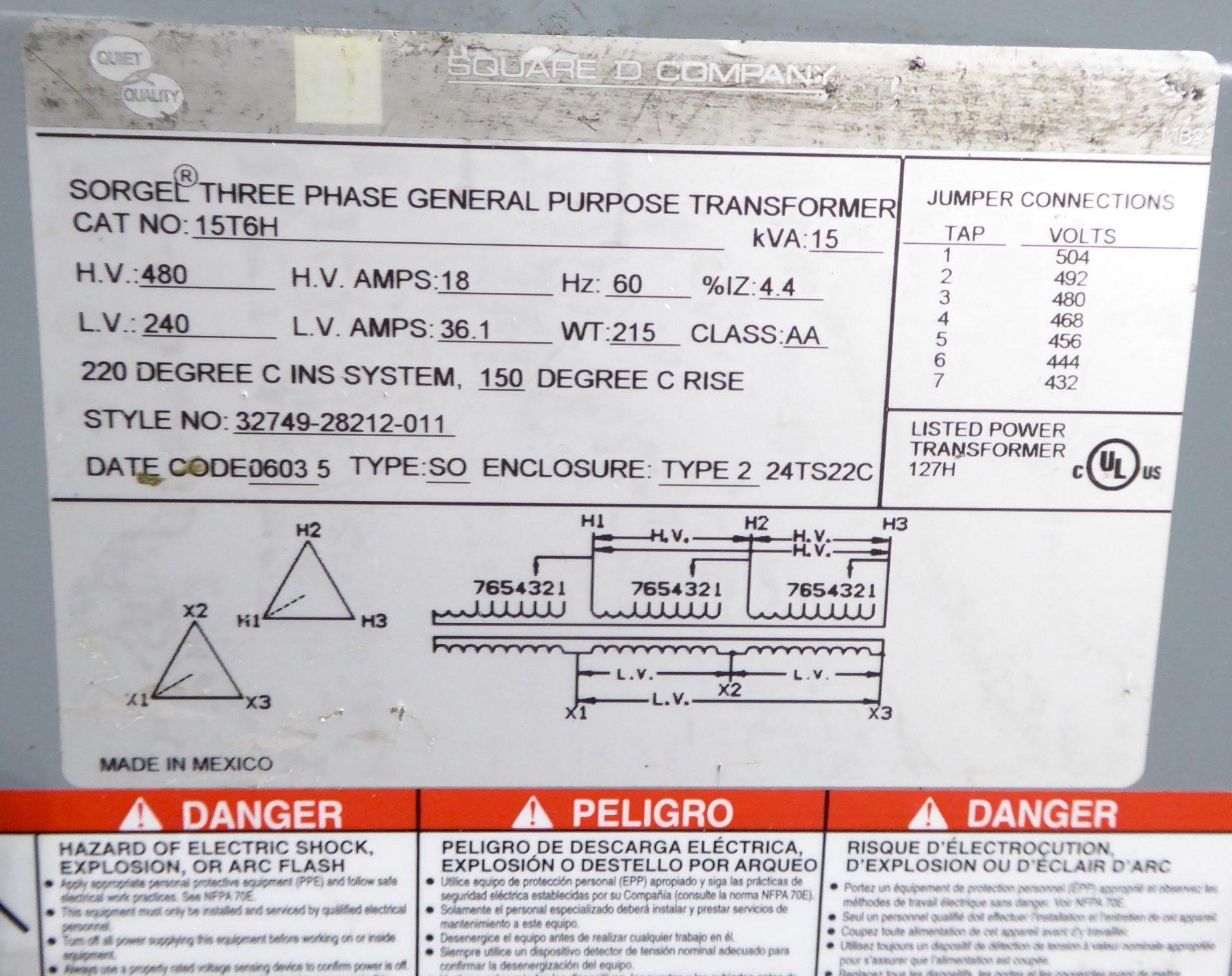 15 KVA Square D Transformer Cat. No. 15T6H, HV 480, LV 240, 3 Phase | C ...