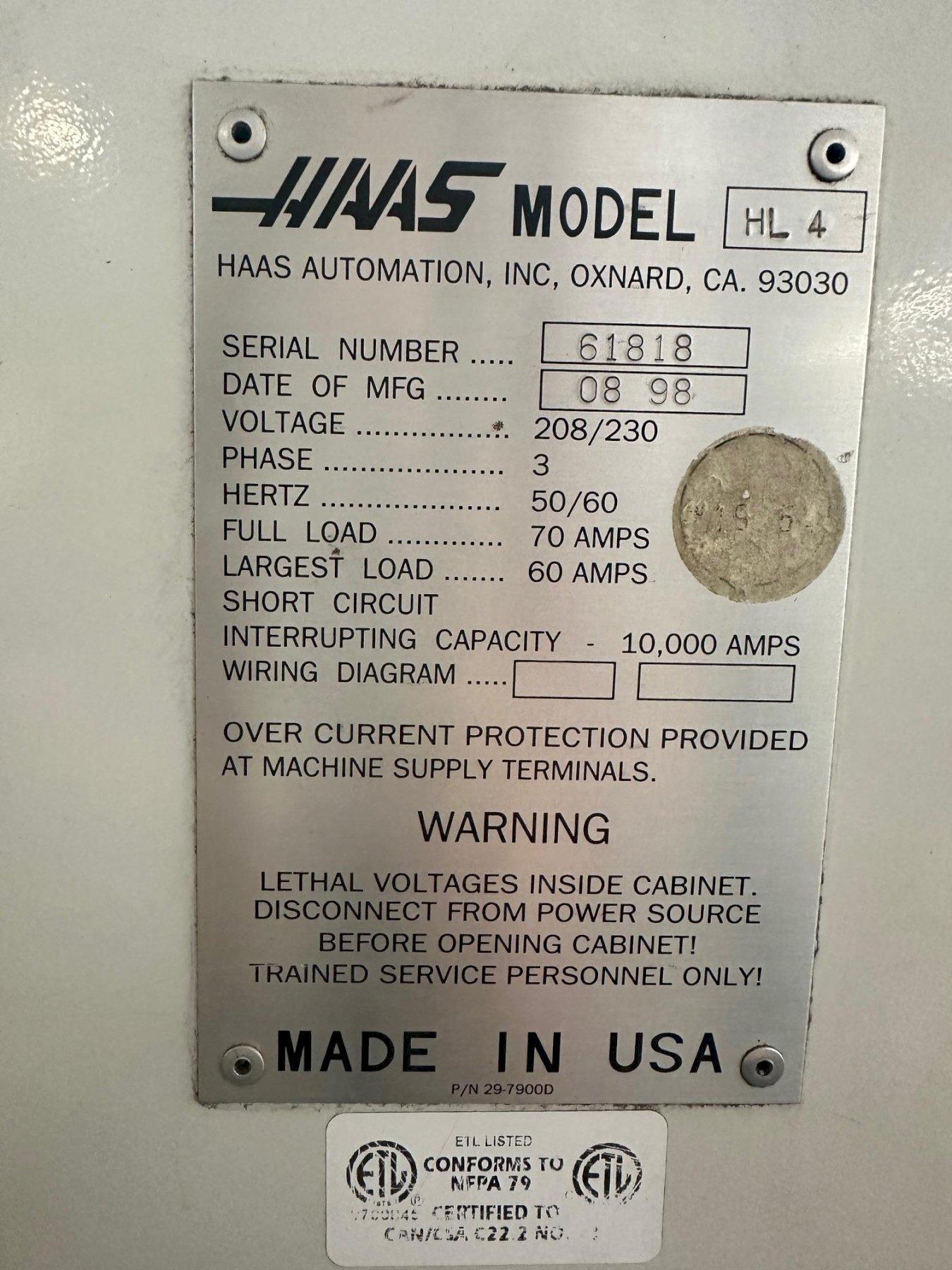 Haas HL-4 Lathe 1998 equipped with 10″ Chuck, Tooling, Chip Auger, Tool ...