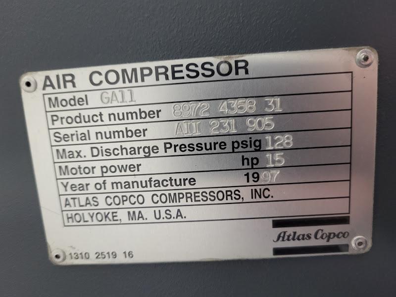 ATLAS COPCO Model GA11 Rotary Screw 15 HP Air Compressor | AMC