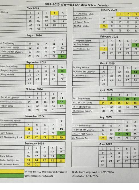 Westwood Christian School | CALENDAR