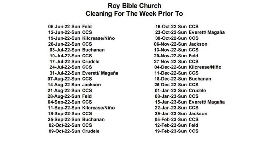 Roy Bible Church | Cleaning Schedule