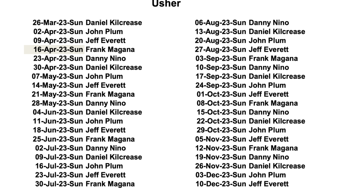 Roy Bible Church | Usher Schedule