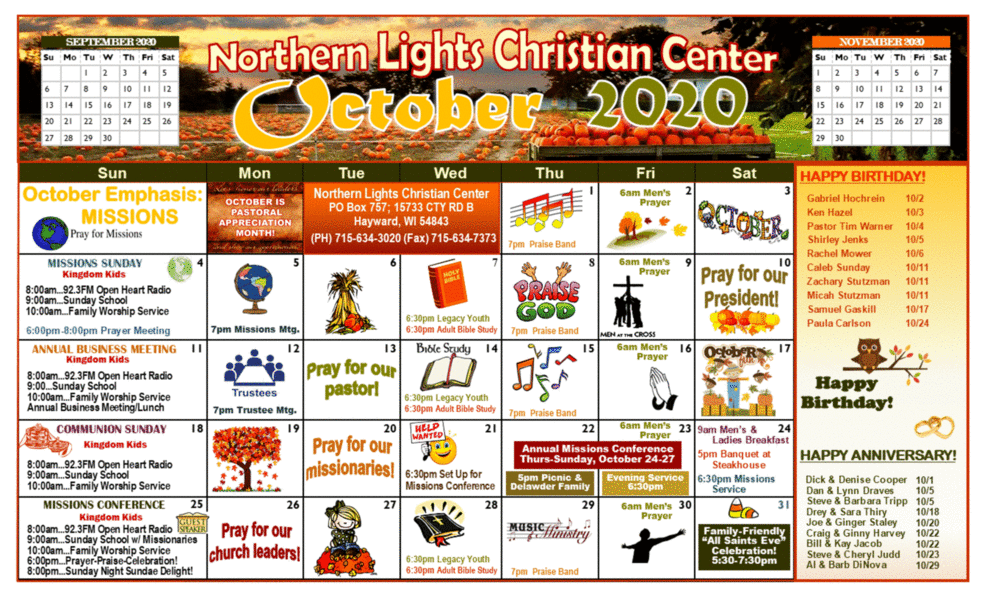 Northern Lights Christian Center | Monthly Church Calendar