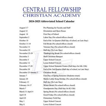 Central Fellowship Christian Academy | Calendar