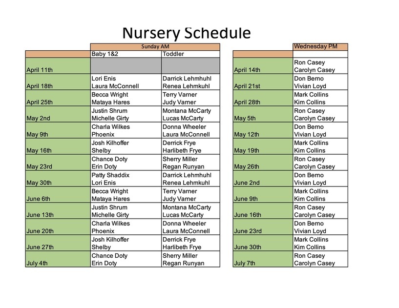 First Baptist Church Dewar | Nursery Schedule