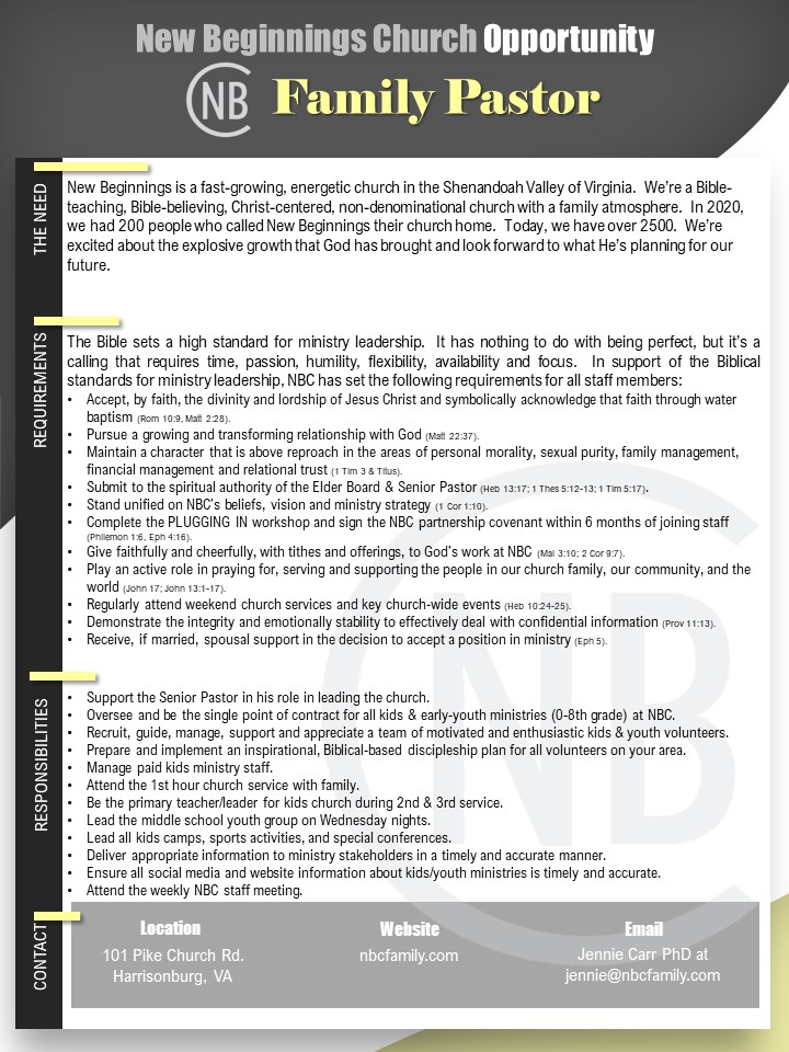 Family Pastor, New Beginnings Church - Search Christian Job Openings
