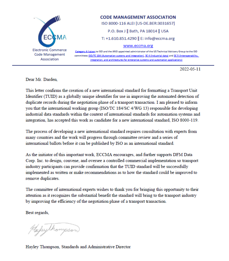 Transport Unit IDentifier Working Group – DFM DATA CORP.