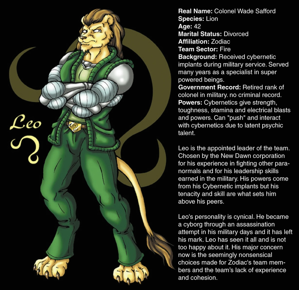ZODIAC ANTHRO SUPERHERO WEBCOMIC on The Duck : LEO BIO PAGE