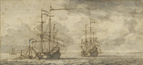 Two Dutch Warships at Anchor with Three Barges | Harvard Art Museums