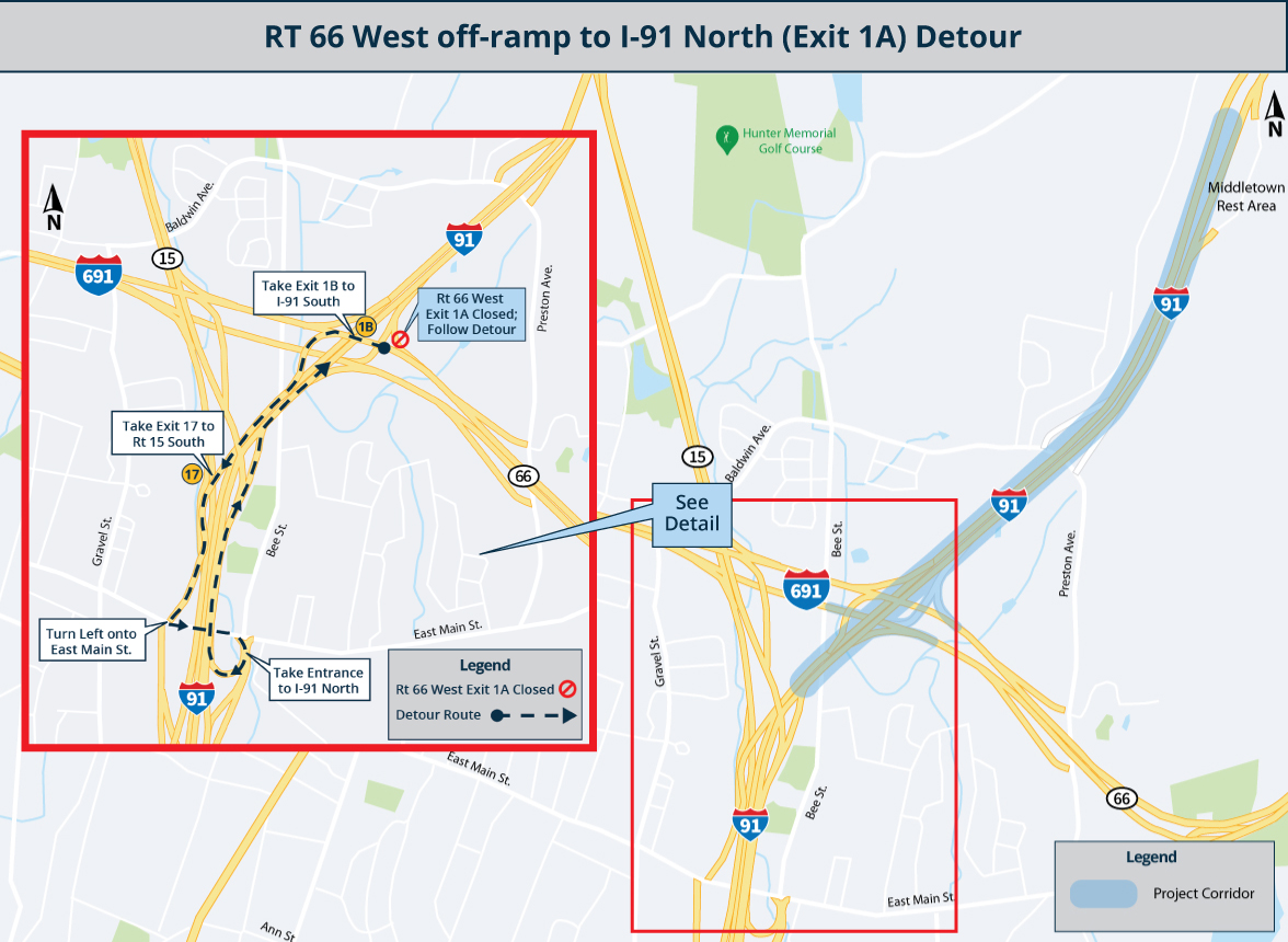 Detour: Route 66 WB Off-ramp to I-91 NB (Exit 1A) – I-91/I-691/Route 15 ...