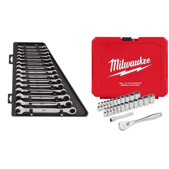 Milwaukee Tool / Metric Ratcheting Combination Wrench Set with 1/4 in. Drive SAE/Metric Ratchet ...