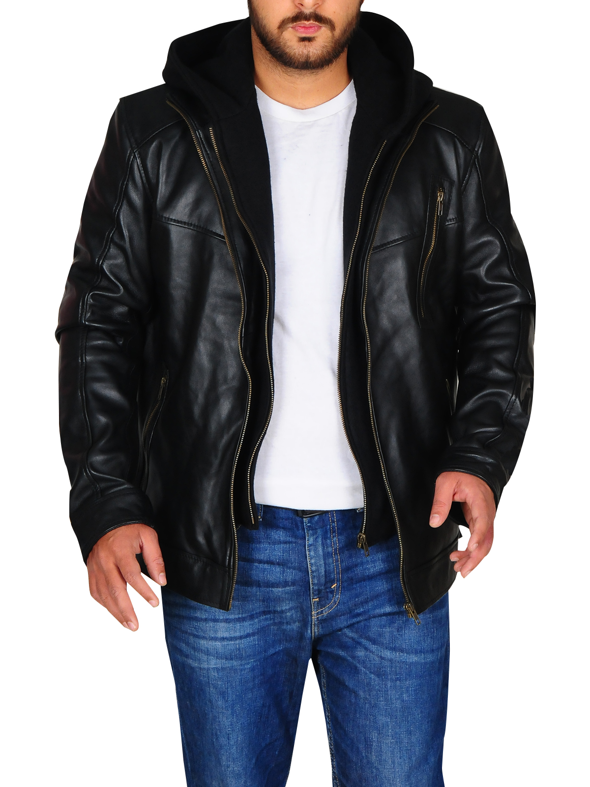 Jet Black Hoodie Leather Jacket | Men's Jacket | MauveTree