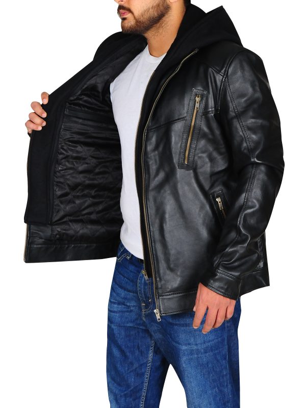 Jet Black Hoodie Leather Jacket | Men's Jacket | MauveTree