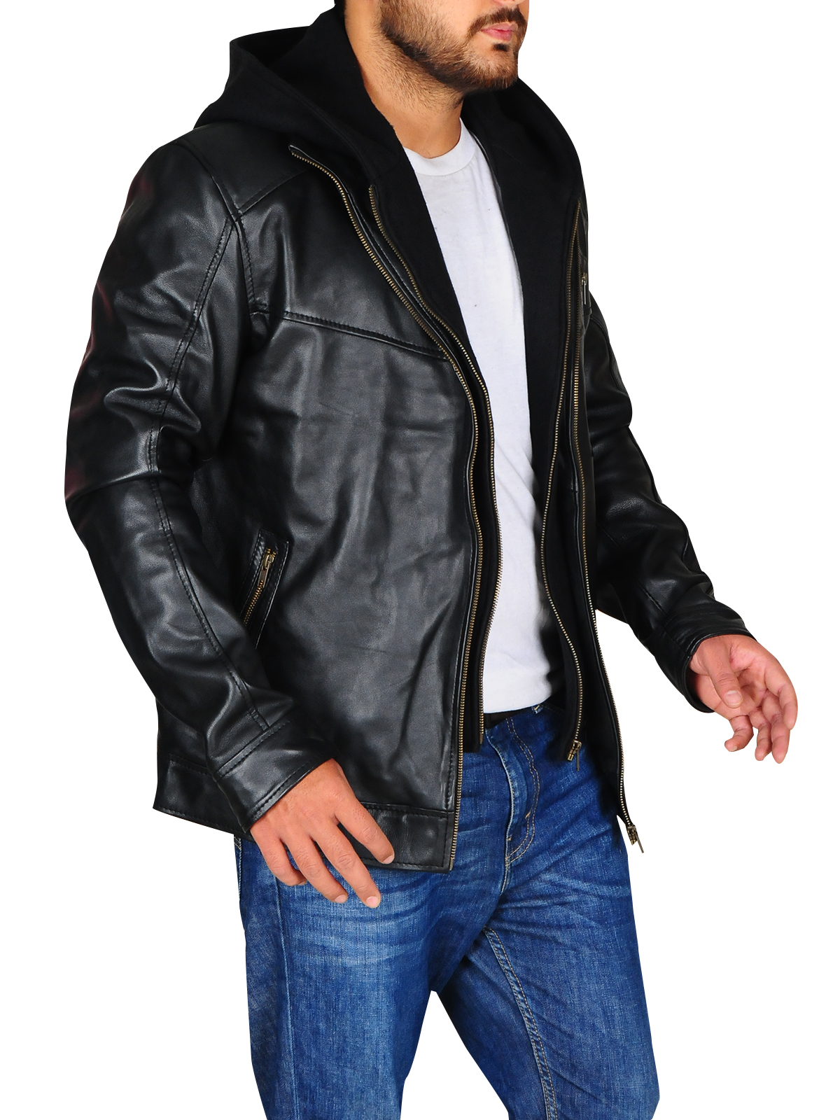 Jet Black Hoodie Leather Jacket | Men's Jacket | MauveTree