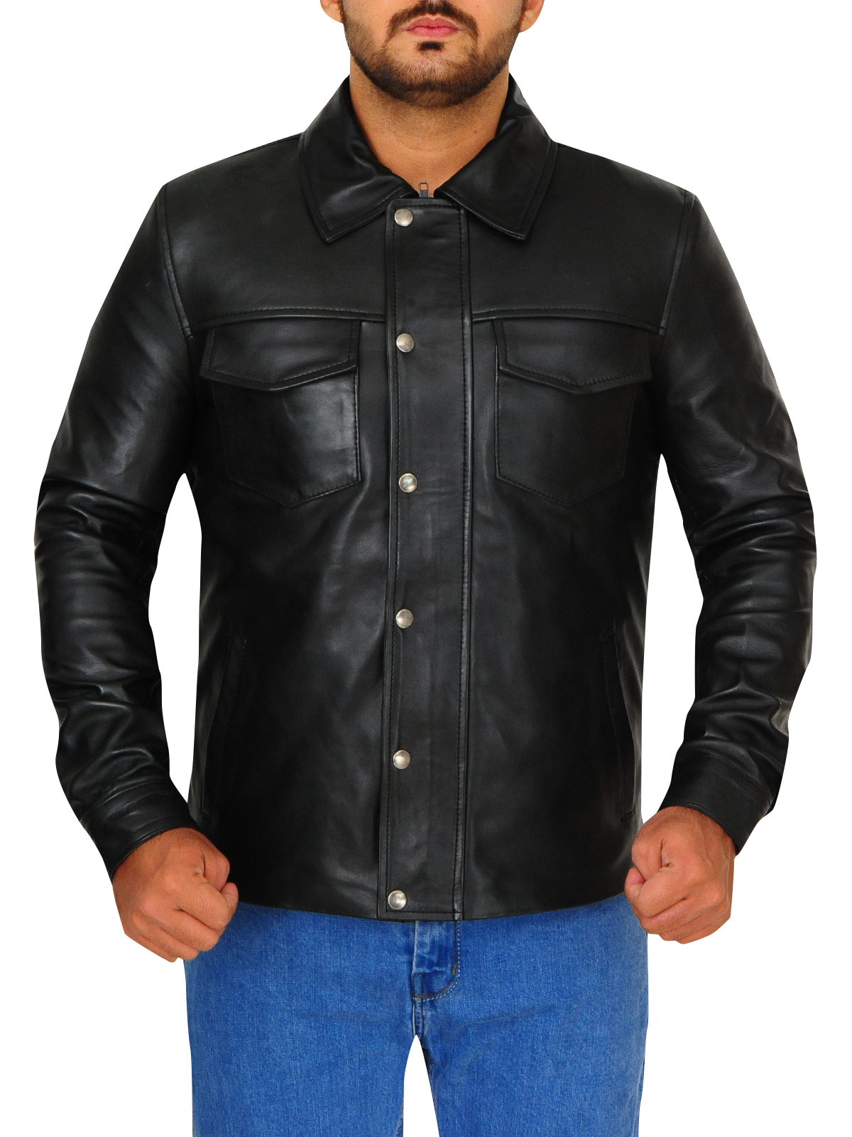 Flap Button Black Leather Jacket For Men | Men Jacket | MauveTree