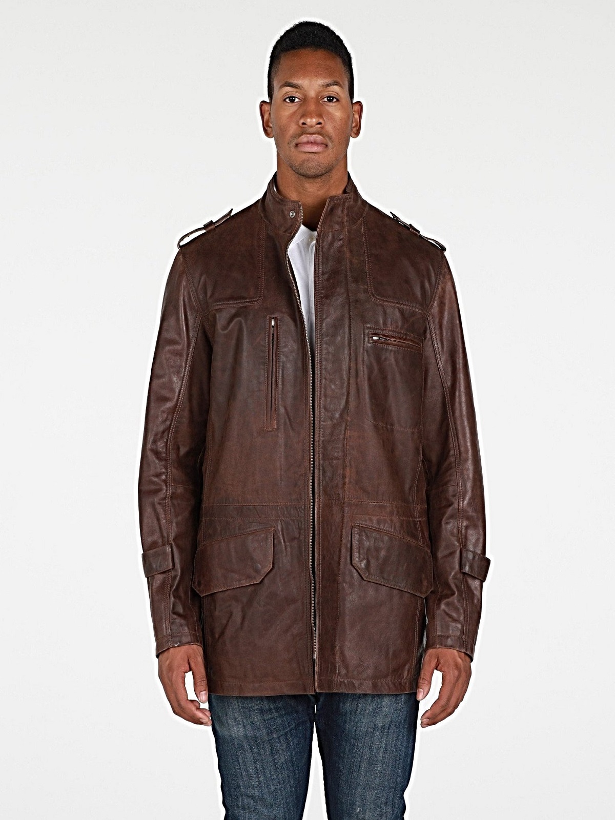 Men Dark Brown Utility Leather Jacket - Men Jacket - MauveTree