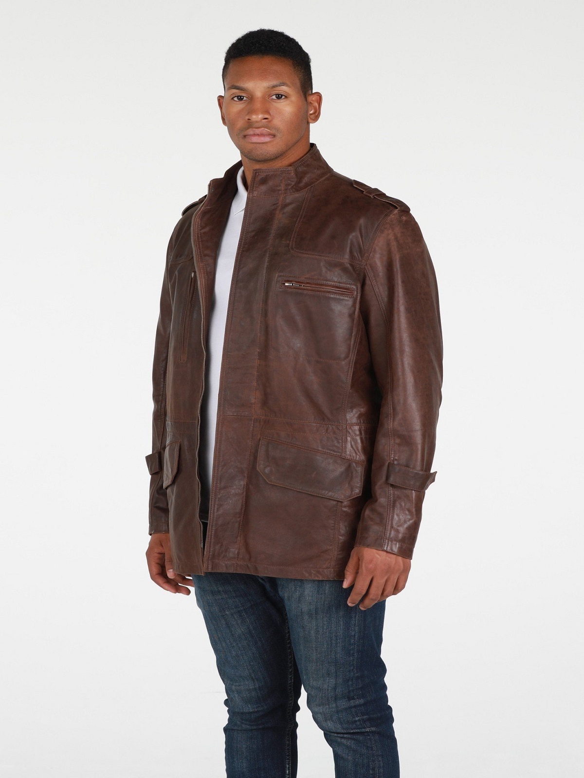 Men Dark Brown Utility Leather Jacket - Men Jacket - MauveTree