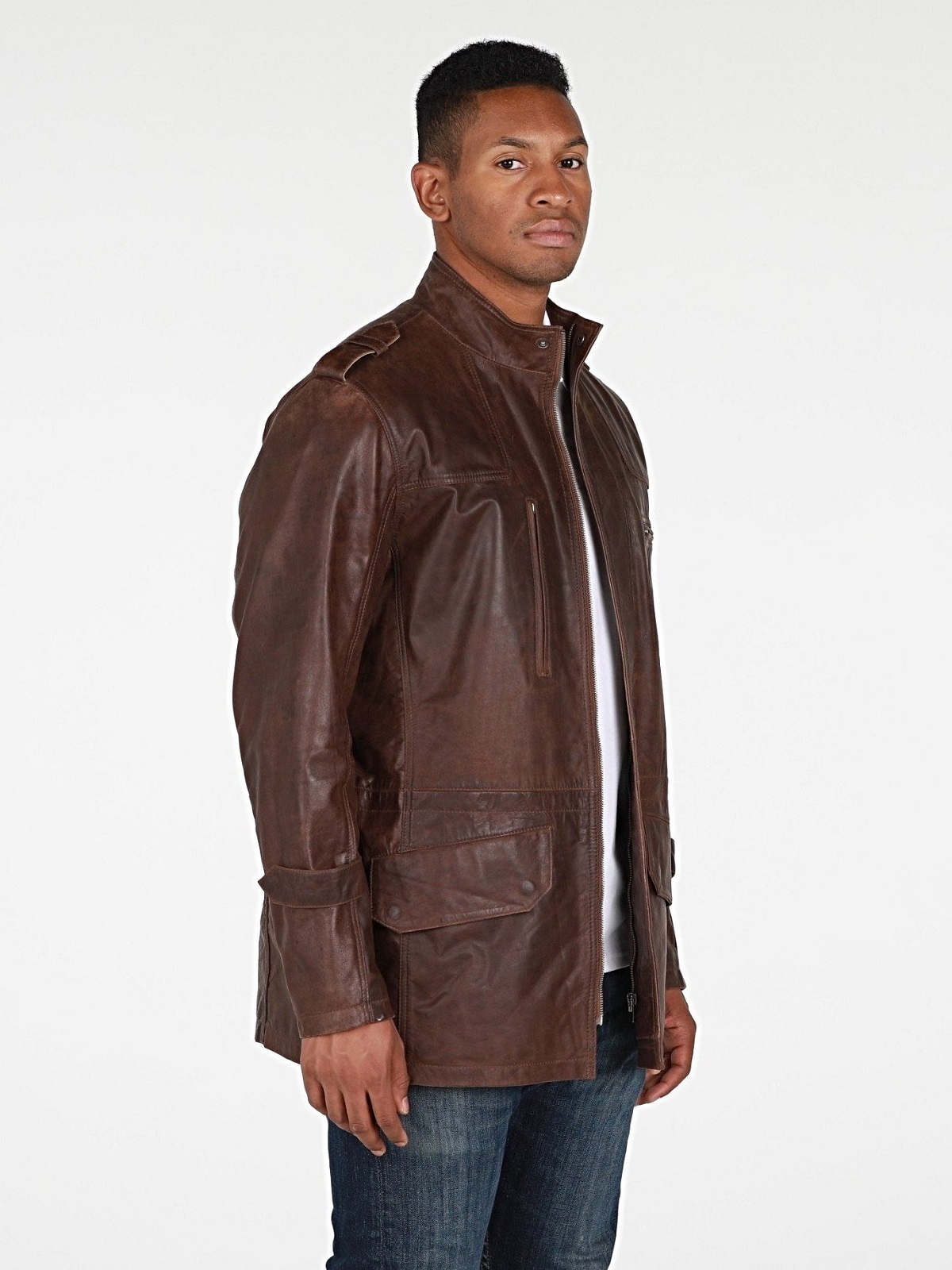 Men Dark Brown Utility Leather Jacket - Men Jacket - MauveTree