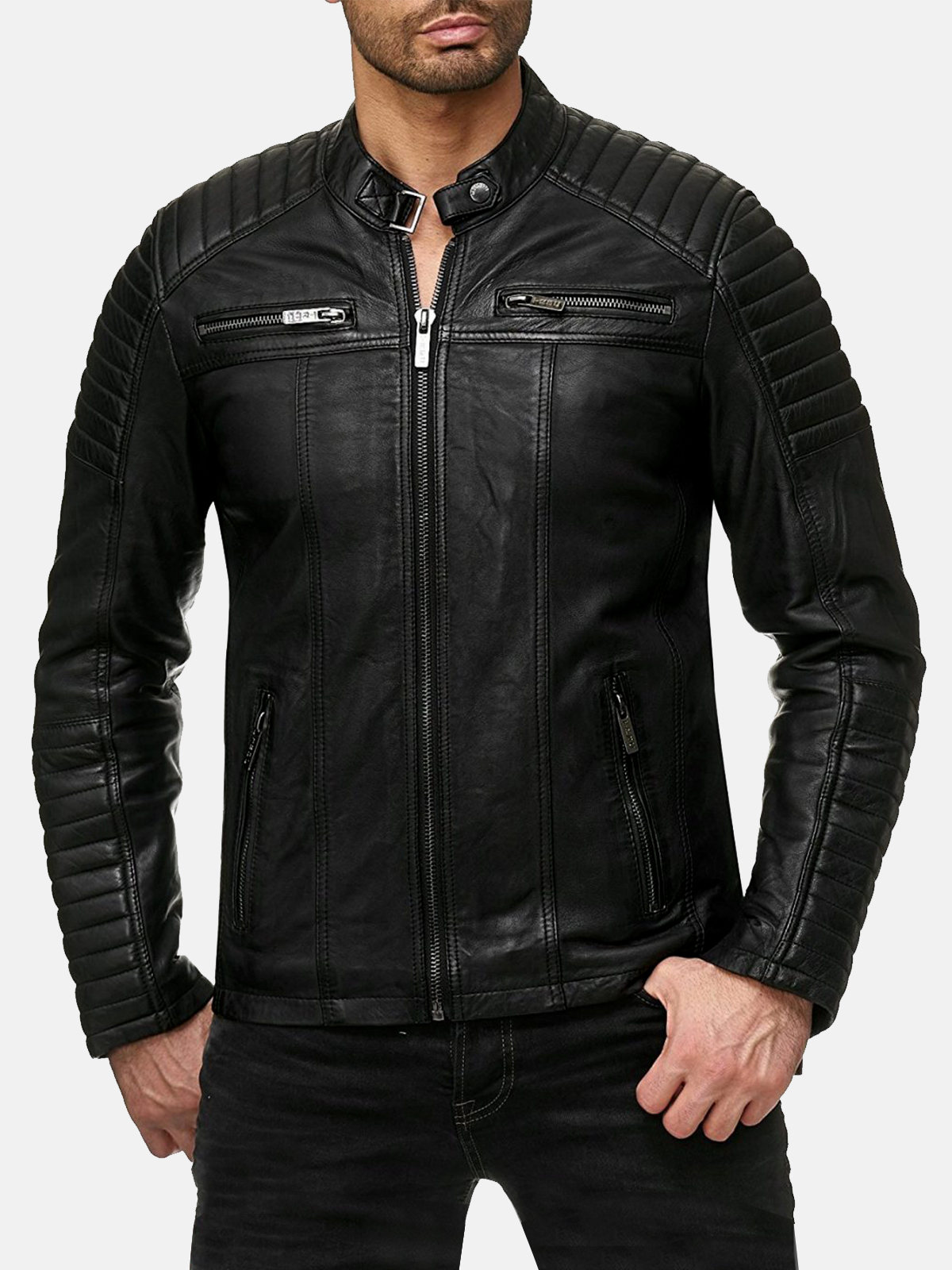 Men Piped Sleeve Motorcycle Jacket - Mauve Tree - MauveTree.com