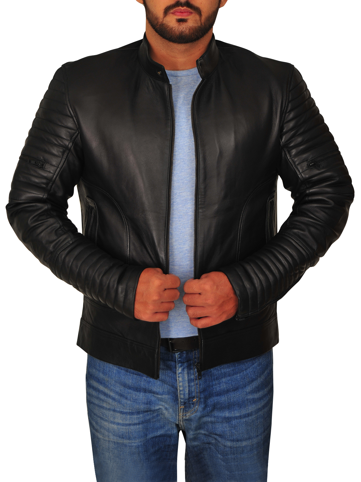 Mens Padded Sleeve Moto Leather Jacket - Mauve Tree - MauveTree.com