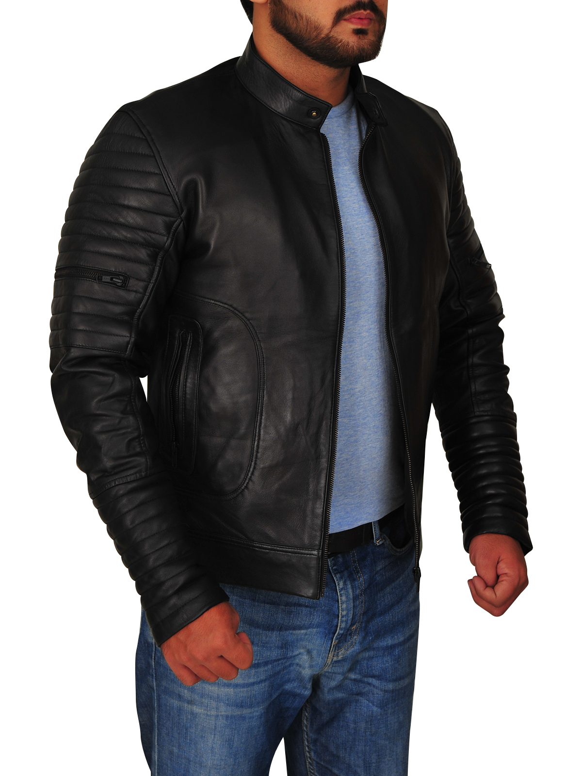 Mens Padded Sleeve Moto Leather Jacket - Mauve Tree - MauveTree.com