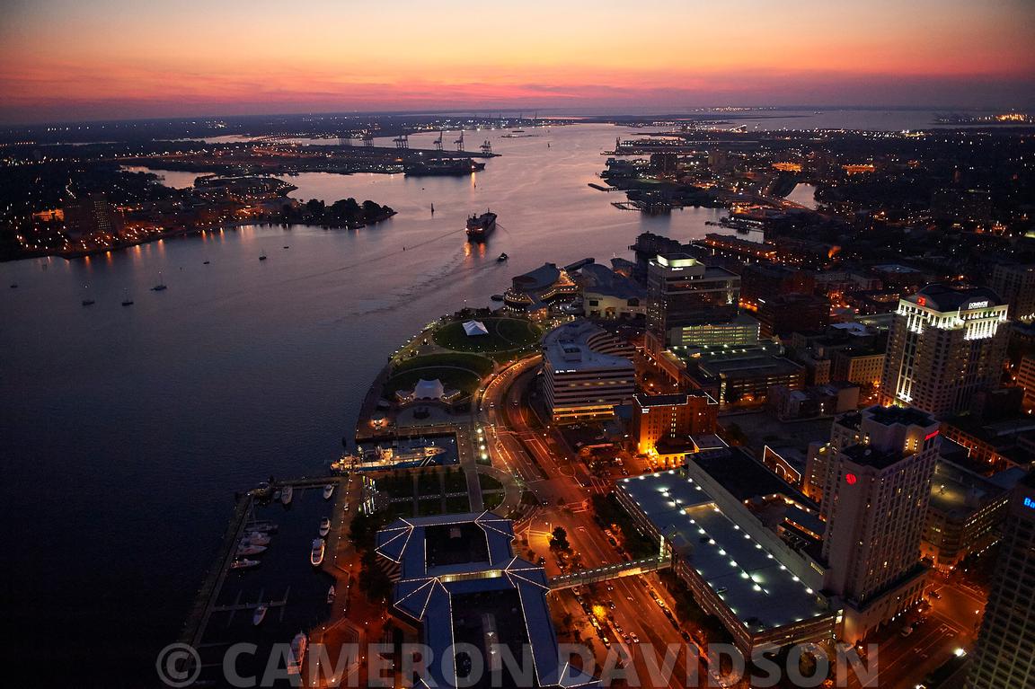 Aerial Stock | Downtown Norfolk Virginia at night.
