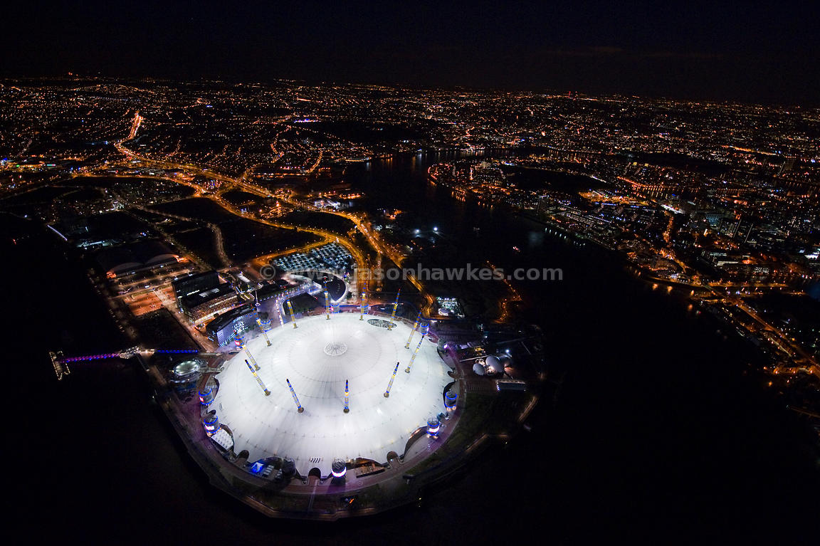 Aerial View. Aerial view of the O2 Arena at night, London . Jason Hawkes