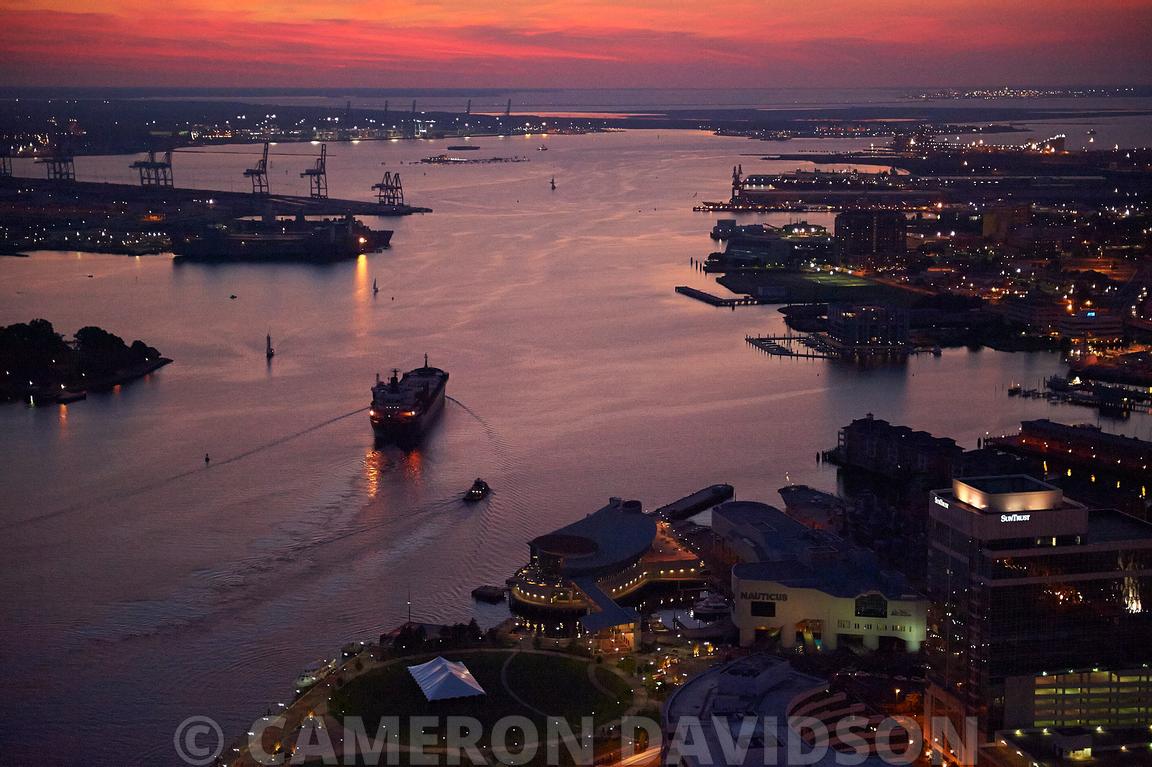 Aerial Stock | Downtown Norfolk Virginia at night.