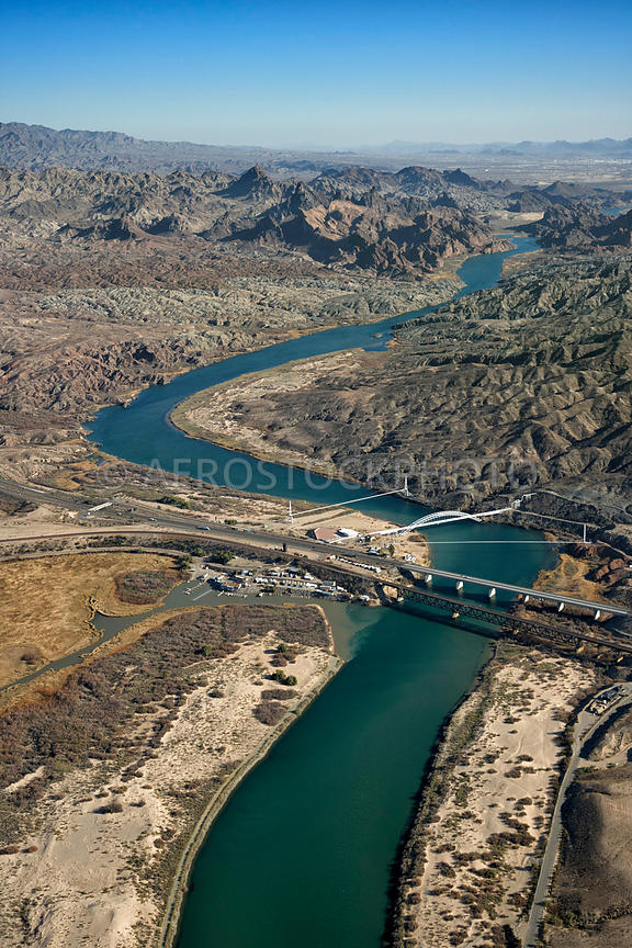 aerial photography of Colorado River at Topock with Trails Arch Bridge ...