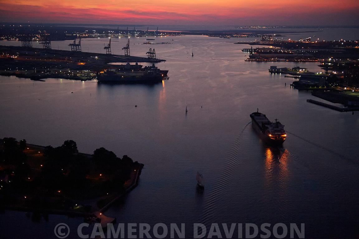 Aerial Stock | Downtown Norfolk Virginia at night.