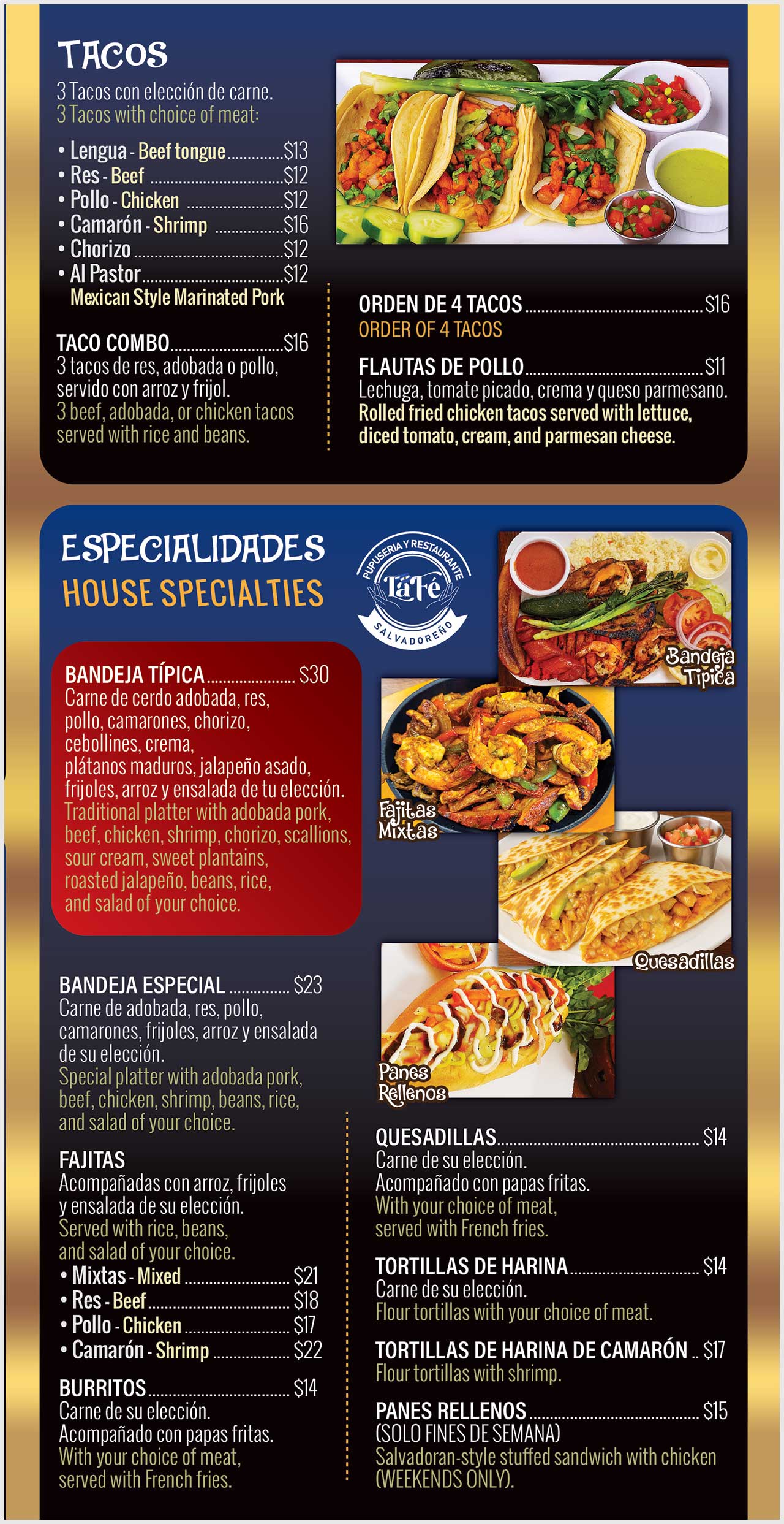 Menu | La Fe Pupuseria & Restaurant