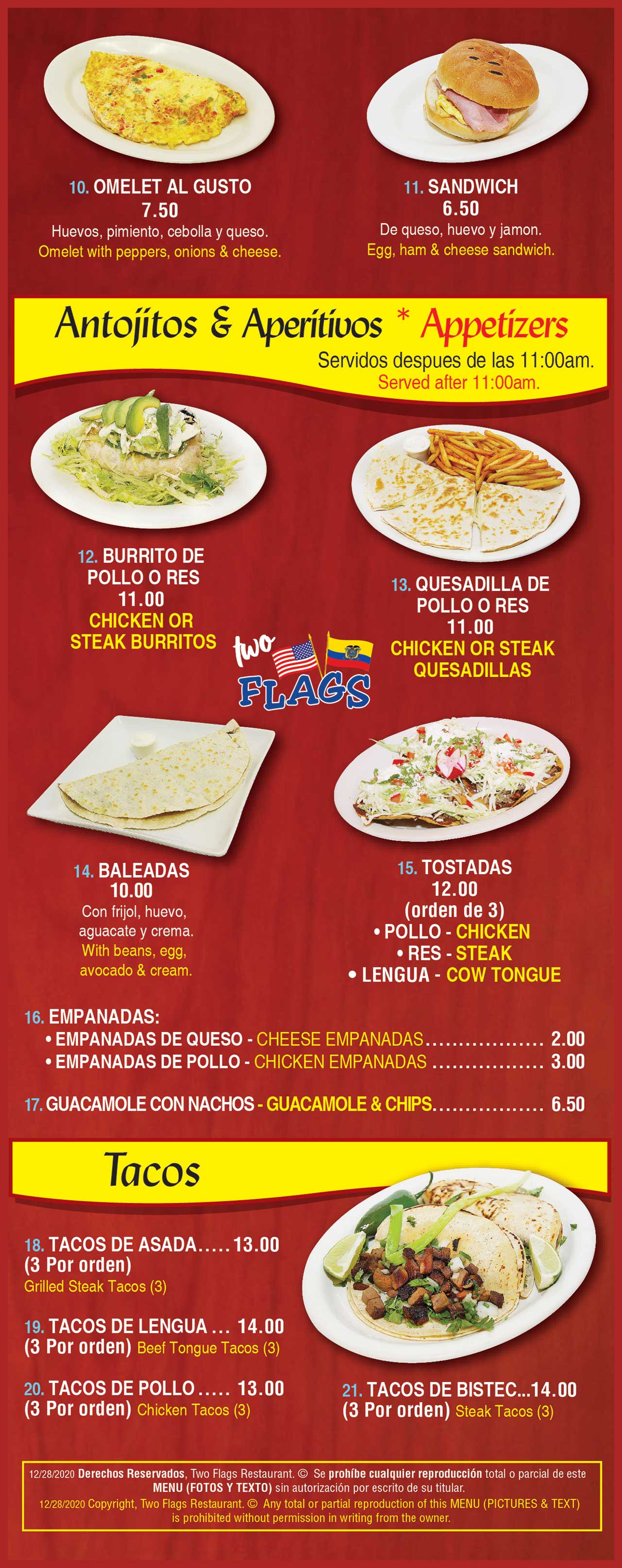Menu | Hispanic Food in East Windsor - Two Flags Family Restaurant