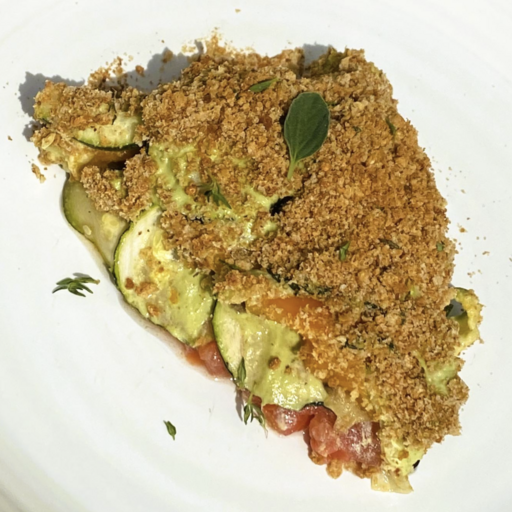 Modernmeal Roasted Eggplant, Zucchini and Tomato Gratin with Basil Cream
