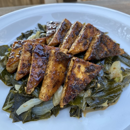 Modernmeal Pan Seared Tofu with Maple Pan Sauce + Collards