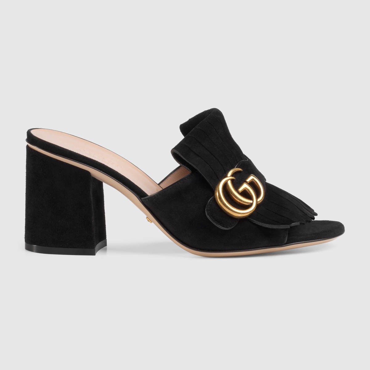 Gucci 75mm Marmont Gg Fringed Suede Mules Black In Black Suede Modesens