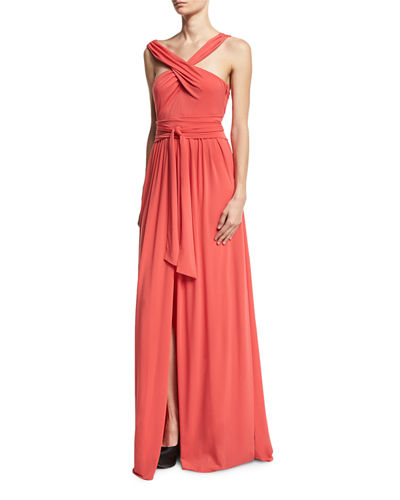 Halston Heritage Sleeveless Knotted Jersey Cross Front Gown Poppy