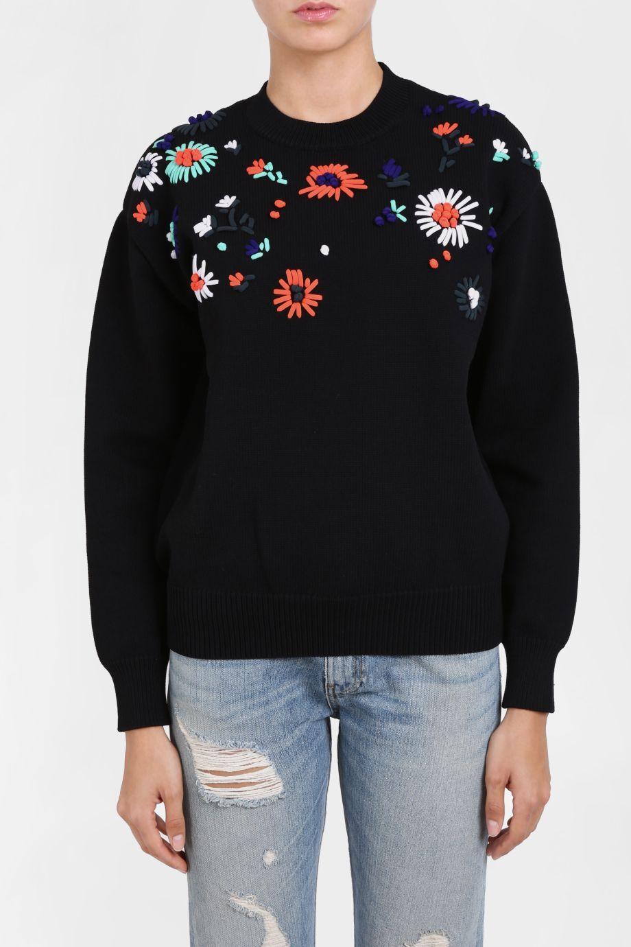 Victoria Victoria Beckham Embroidered Flower Sweater In Black Modesens