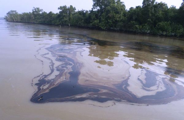 Children 'clean' oil spill with kitchen utensils in the Sundarbans