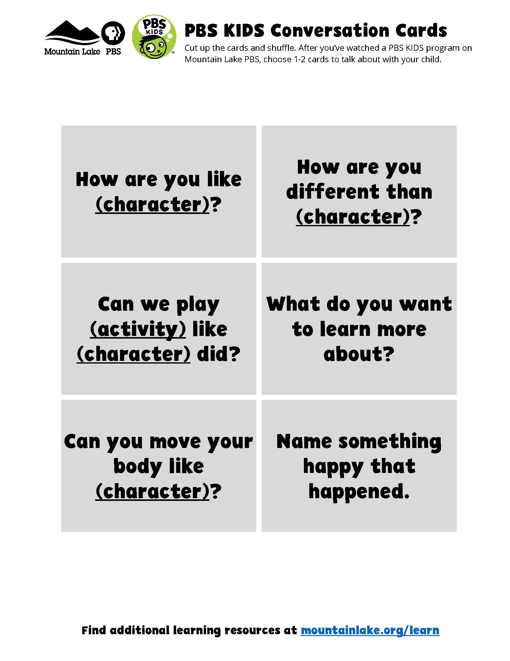 Conversation and Activity Cards for PBS Kids shows – Mountain Lake PBS