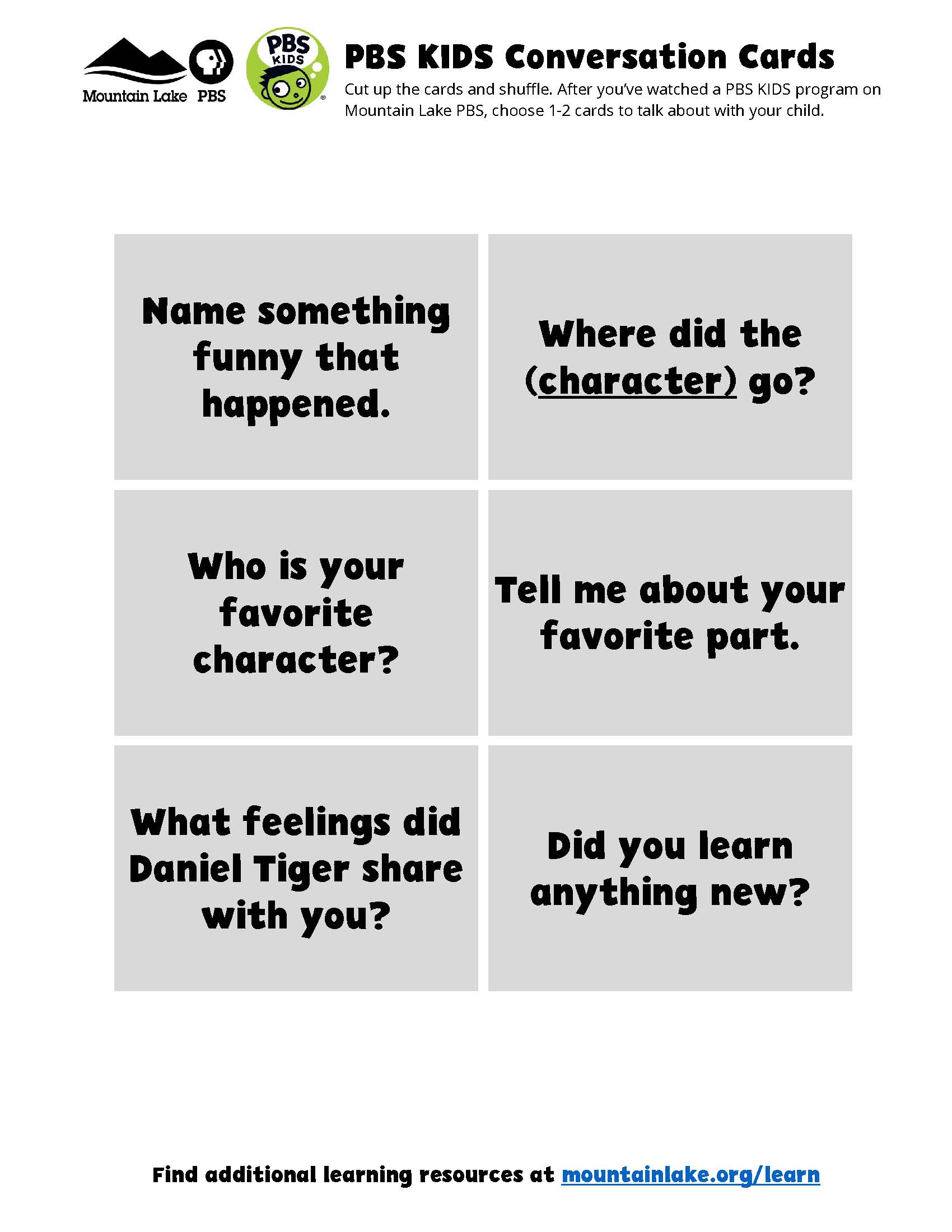 Conversation and Activity Cards for PBS Kids shows – Mountain Lake PBS