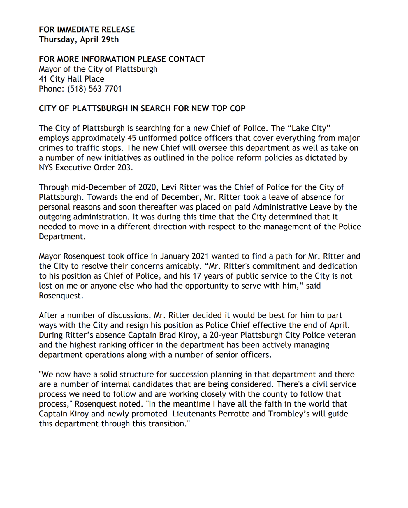 Levi Ritter Resigns Position as Plattsburgh Chief of Police – Mountain ...