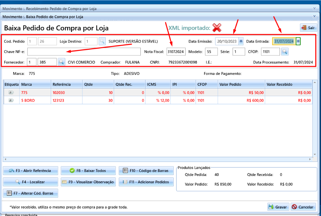 Pedido de Compra - Recebimento - Data System Softwares