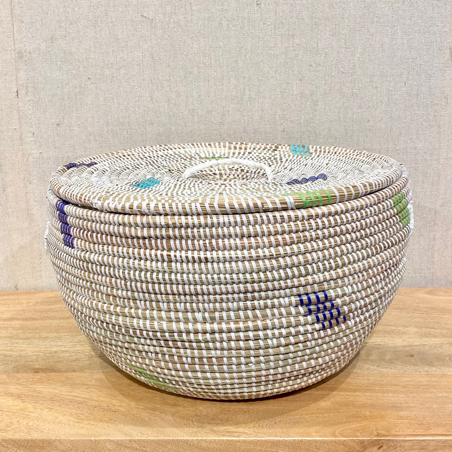 Green and Blue Dash Nesting Basket with Lid - Small - Nadeau Charleston