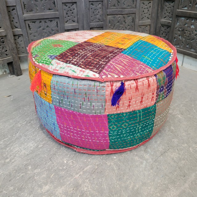 Patchwork Fabric Round Pouf - Nadeau Charlotte