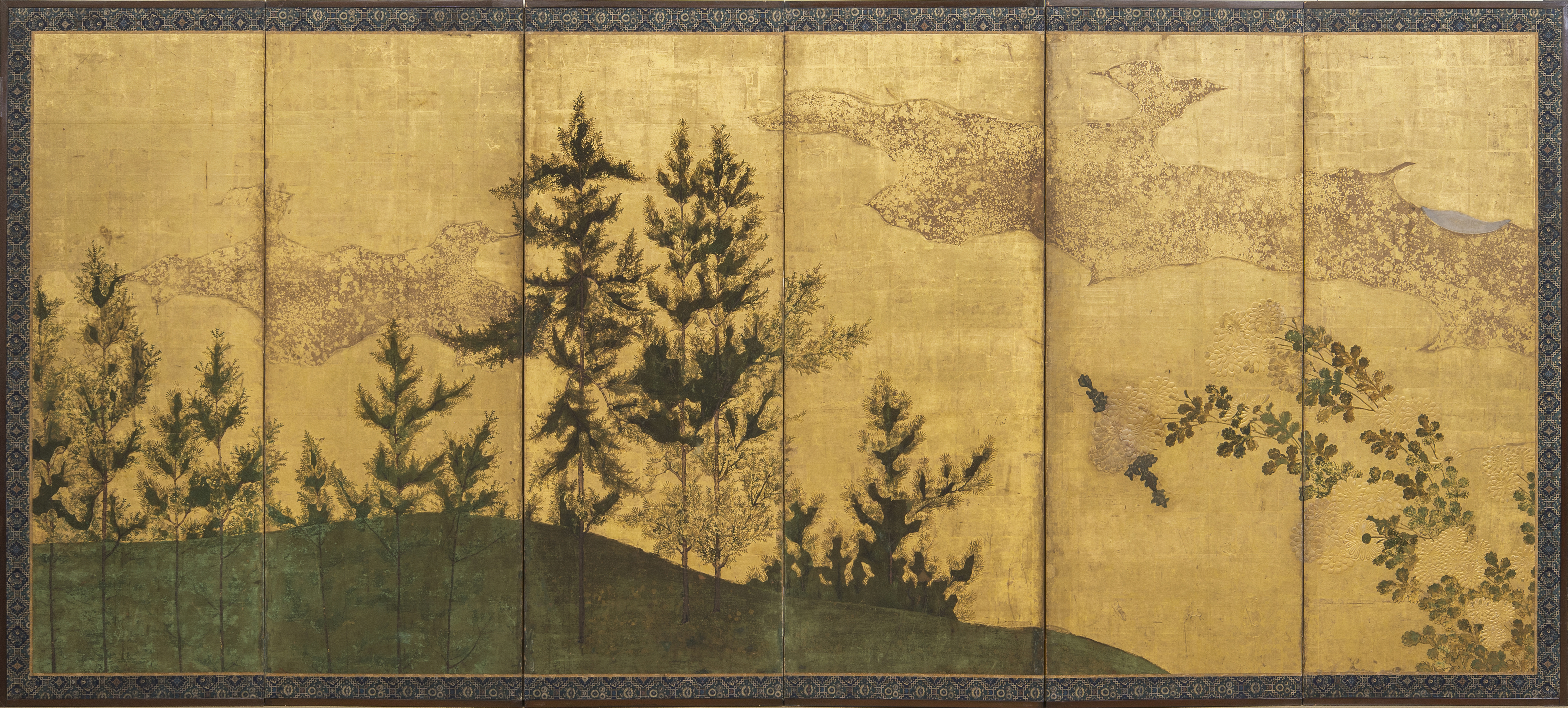 Japanese Six Panel Screen: Pine Landscape in Gold with Sliver of ...