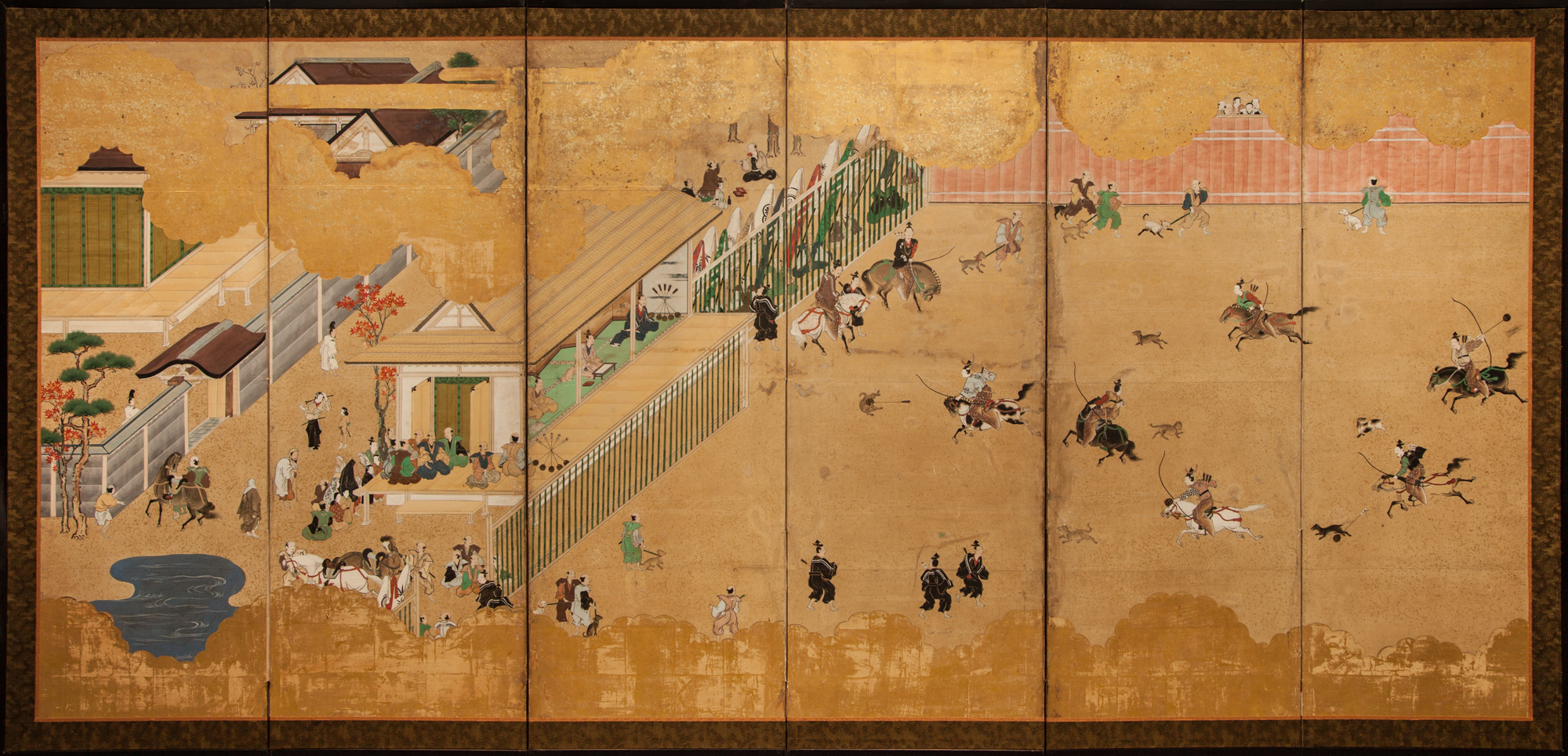 Japanese Six Panel Screen: Inuoumono (Dog Chase) - Naga Antiques